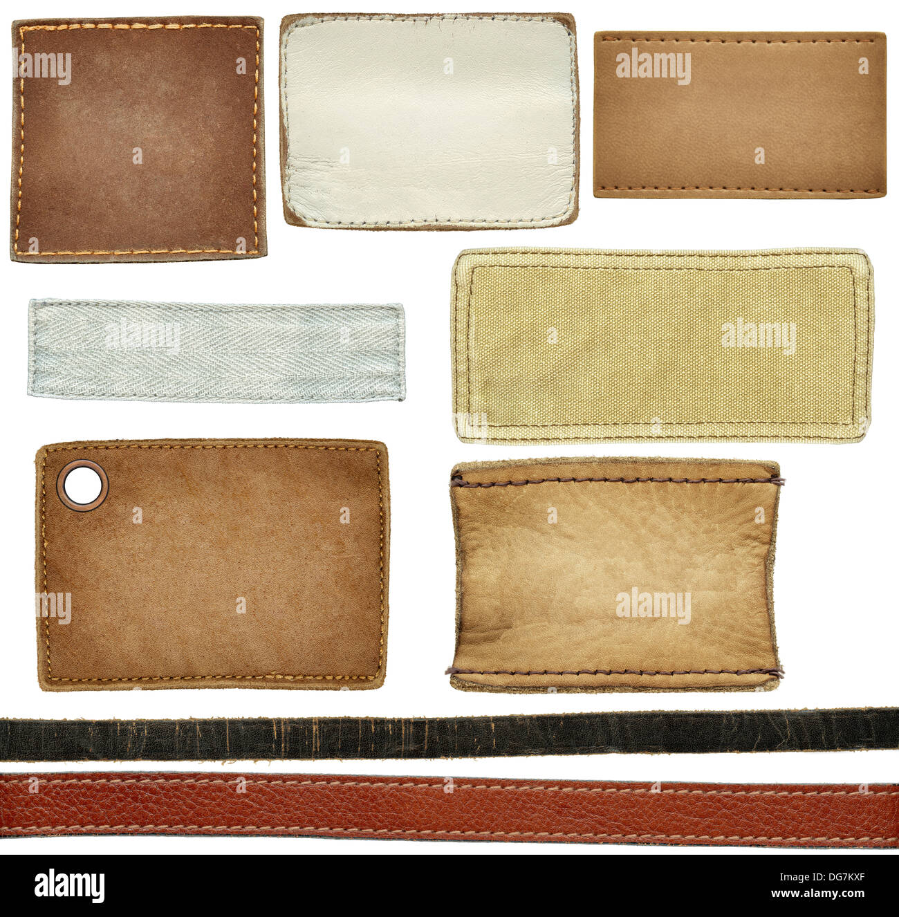 Blank leather, textile jeans labels, straps isolated on white ...