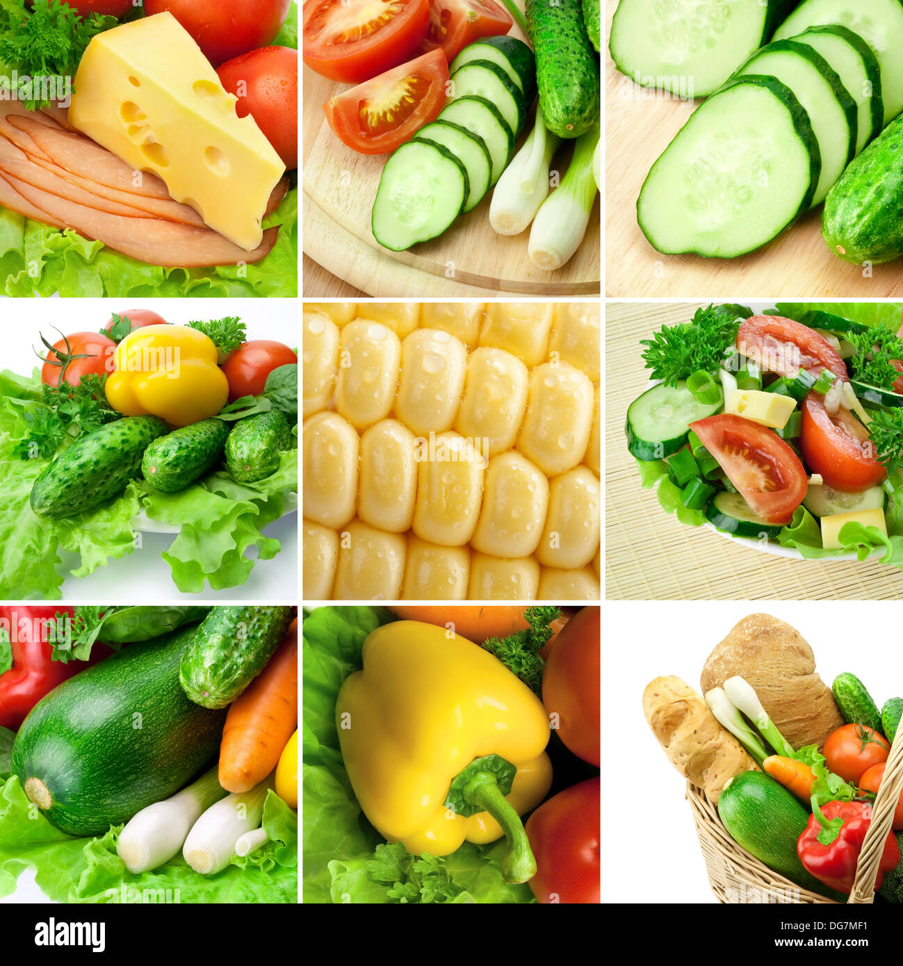 Vegetable collage. Including cucumbers, tomato, corn, bell pepper and ...