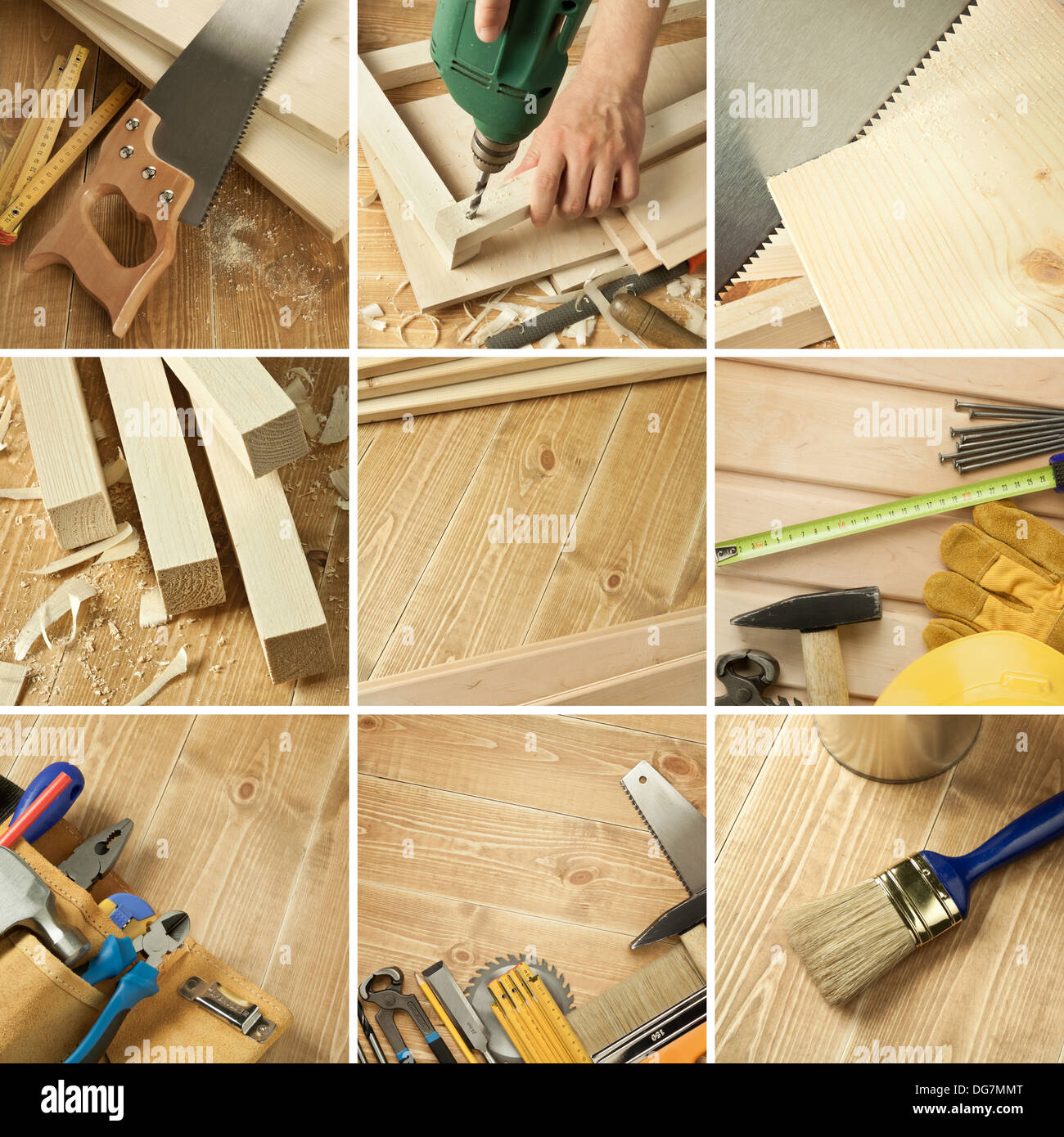 Carpentry tools, wood planks collage Stock Photo - Alamy