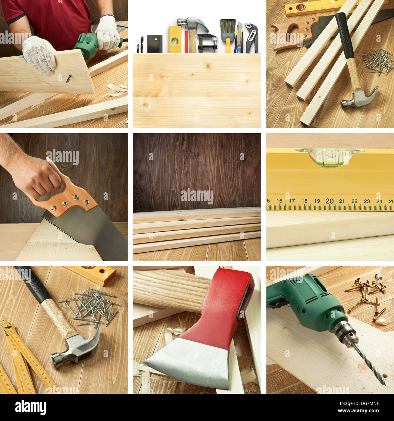 Carpentry tools, woodwork objects collage Stock Photo - Alamy