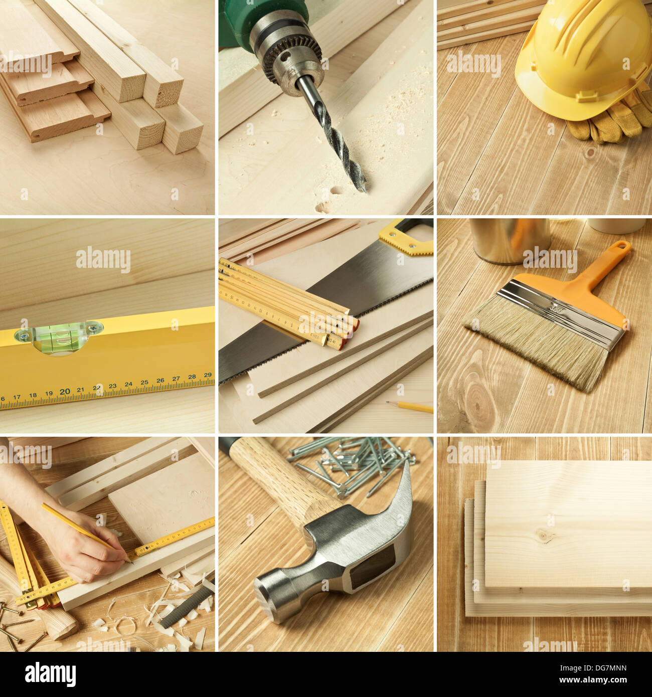 Carpentry tools, wood planks collage Stock Photo - Alamy