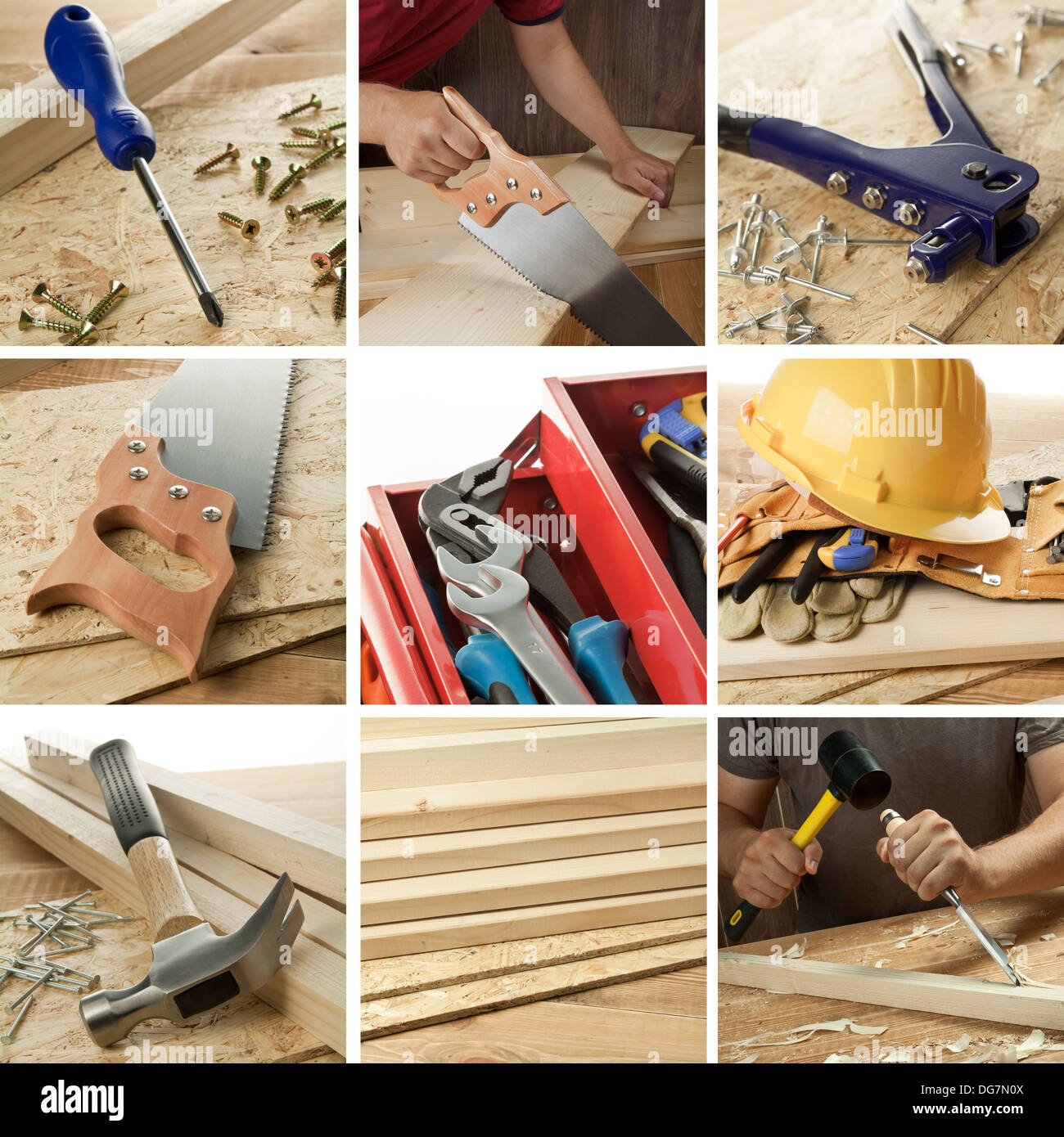 Carpentry tools, woodwork objects collage Stock Photo - Alamy