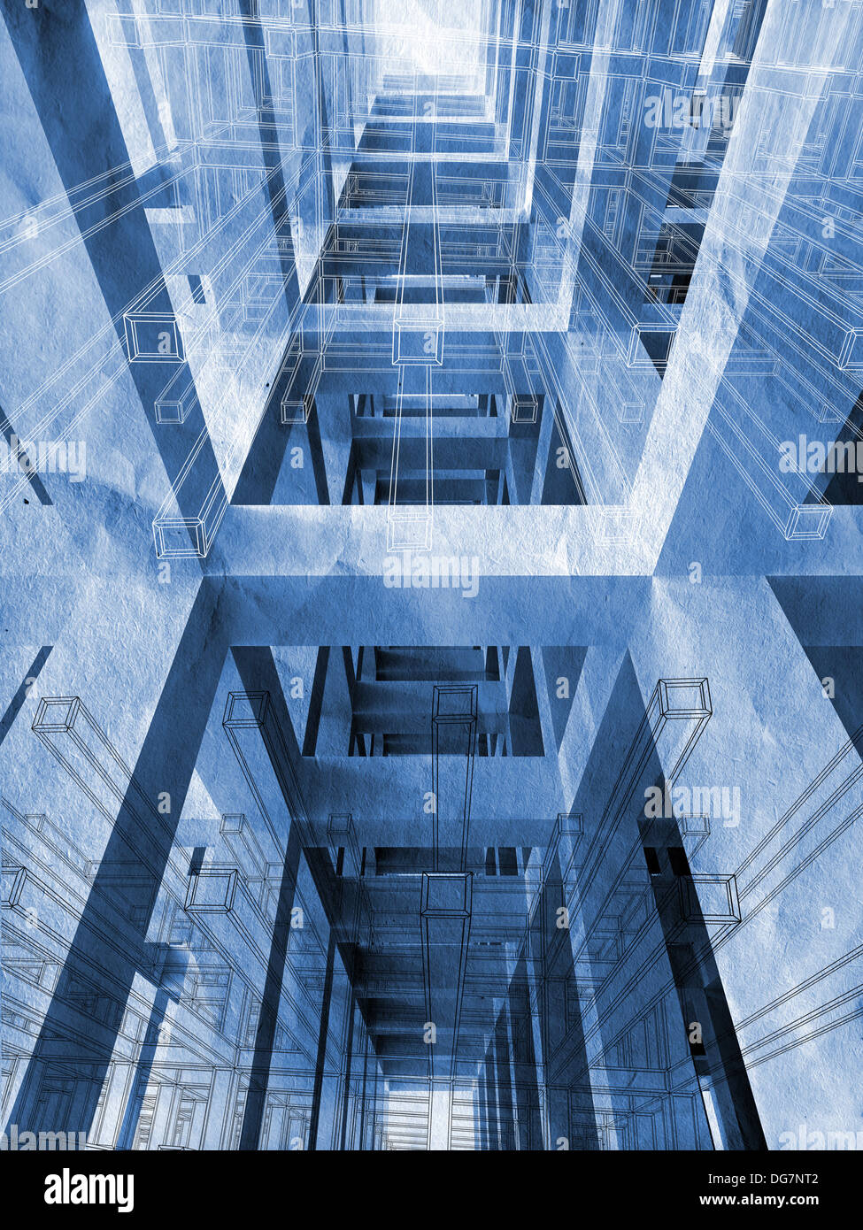 Blue abstract architecture 3d background with interior of braced ...