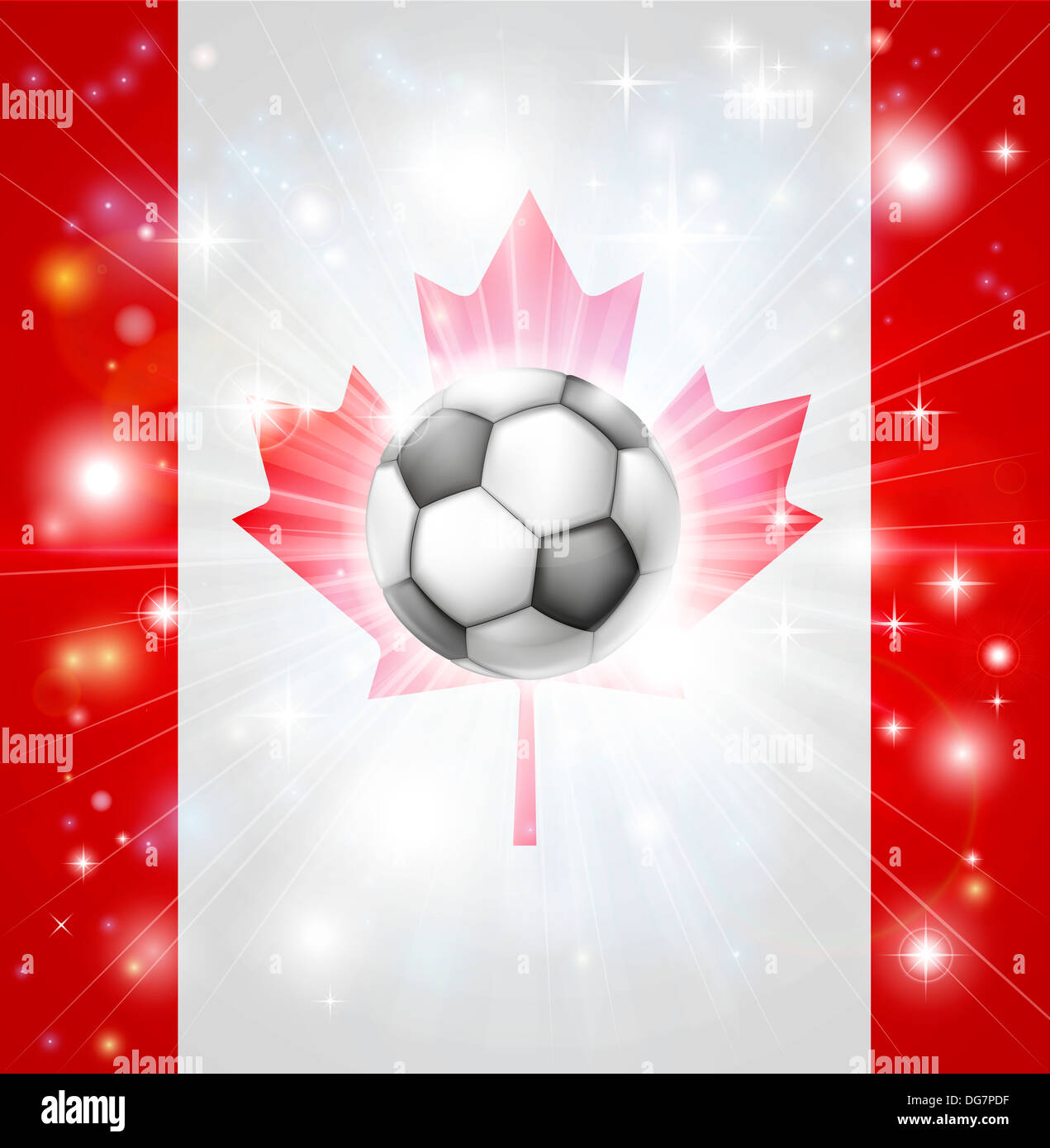 Flag of Canada soccer background with pyrotechnic or light burst and ...