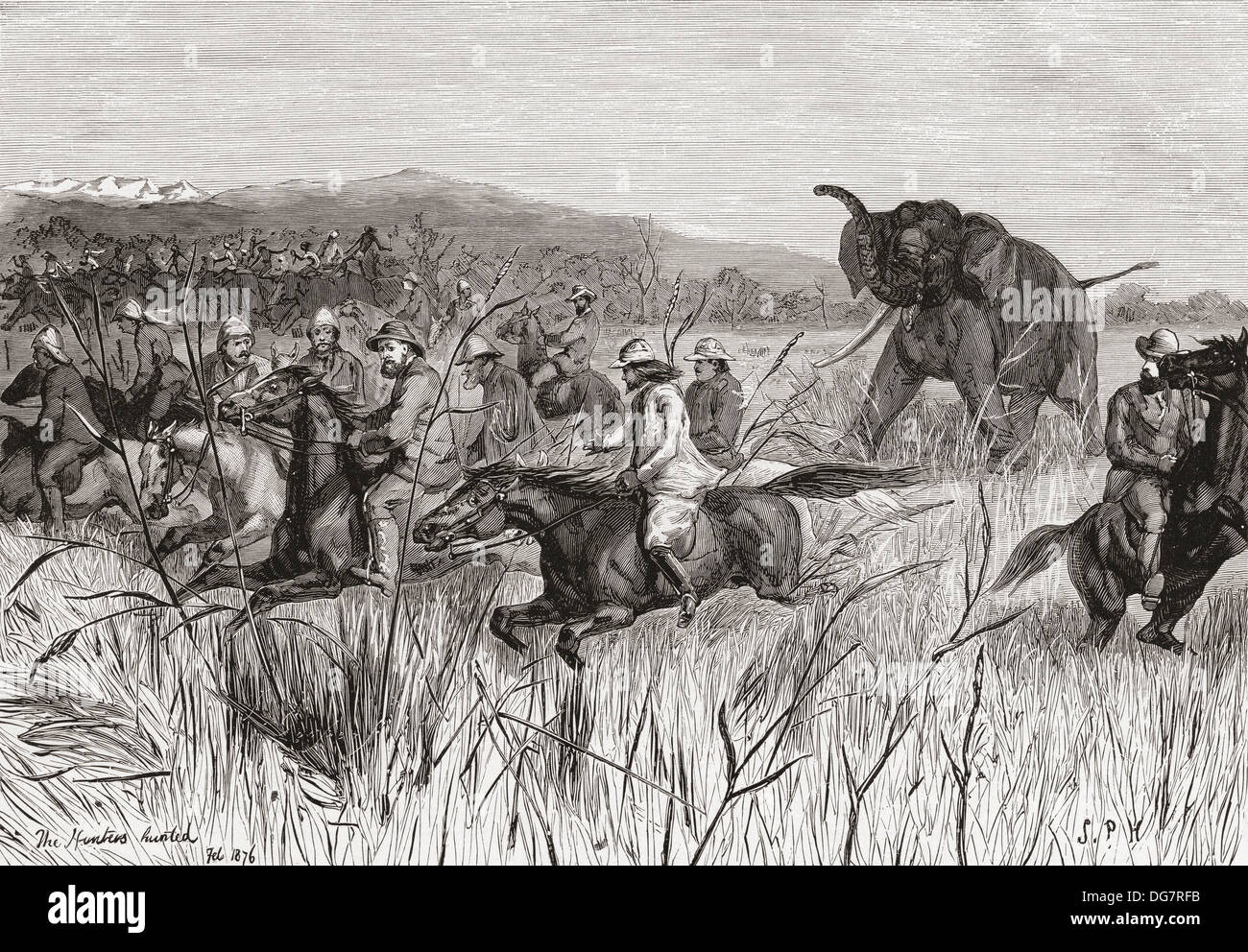 Elephant hunters in the 19th century being charged by an elephant Stock ...