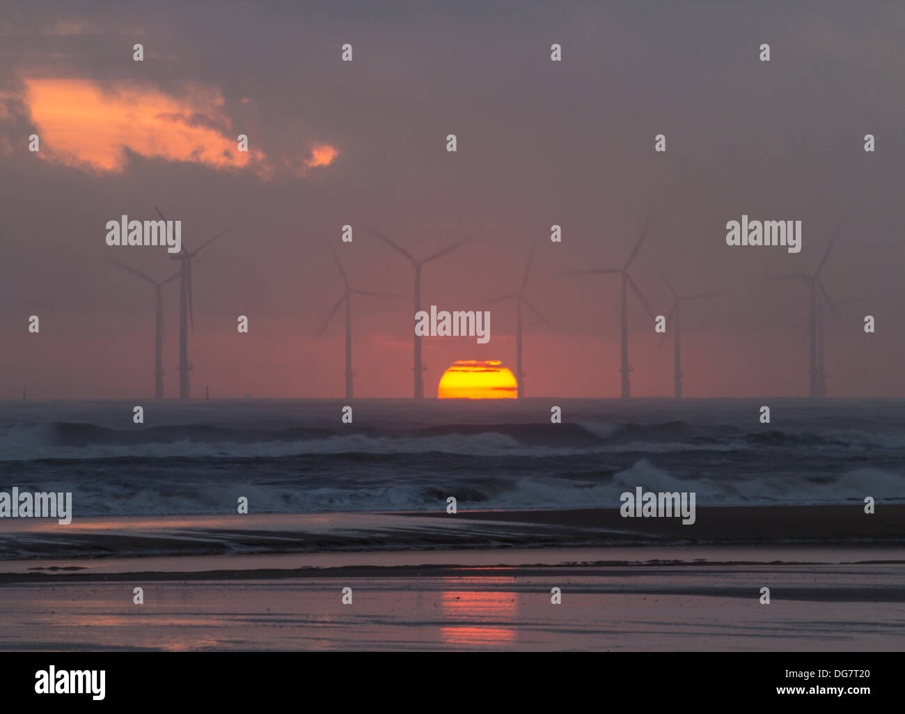 Teesside offshore wind farm on the north east coast at sunrise. England ...