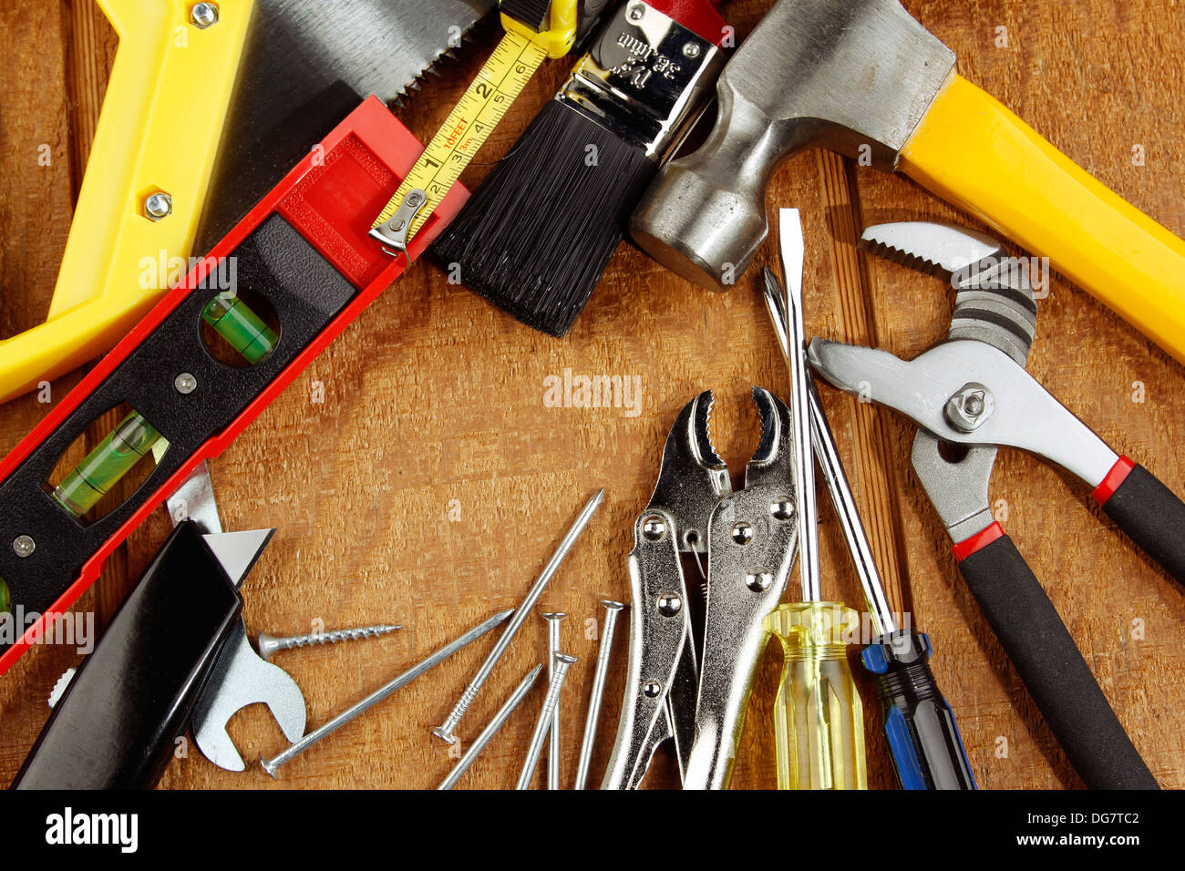 Assortment of tools on wood Stock Photo - Alamy