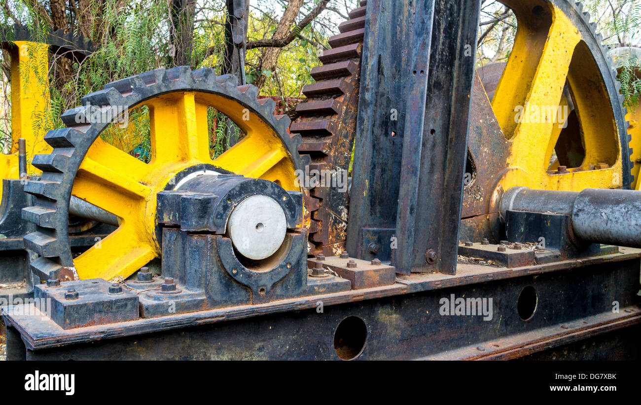 The grooves of two big and old rusted gears lined up into place Stock ...