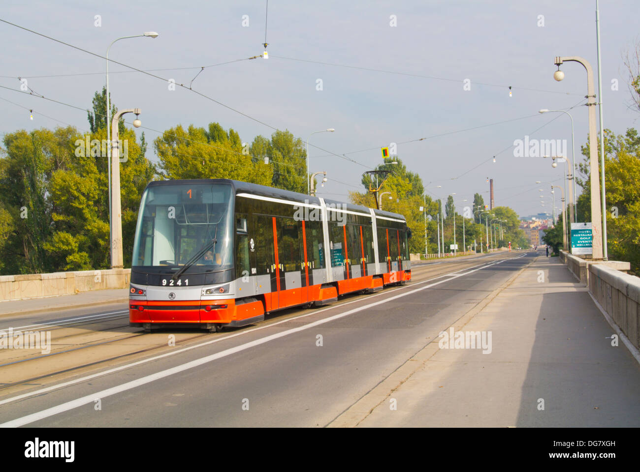 Tram at Libensky most bridge Liben district Prague city Bohemia region ...