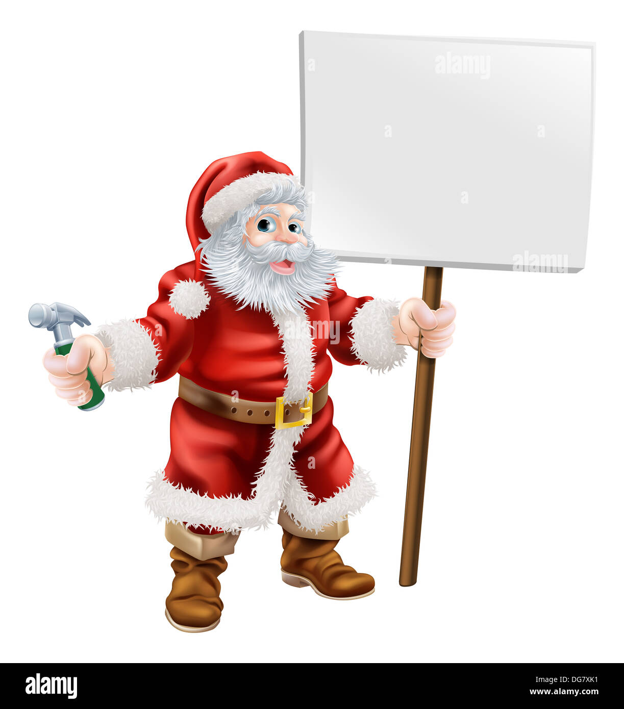 Cartoon Santa holding a hammer and sign, for construction business ...