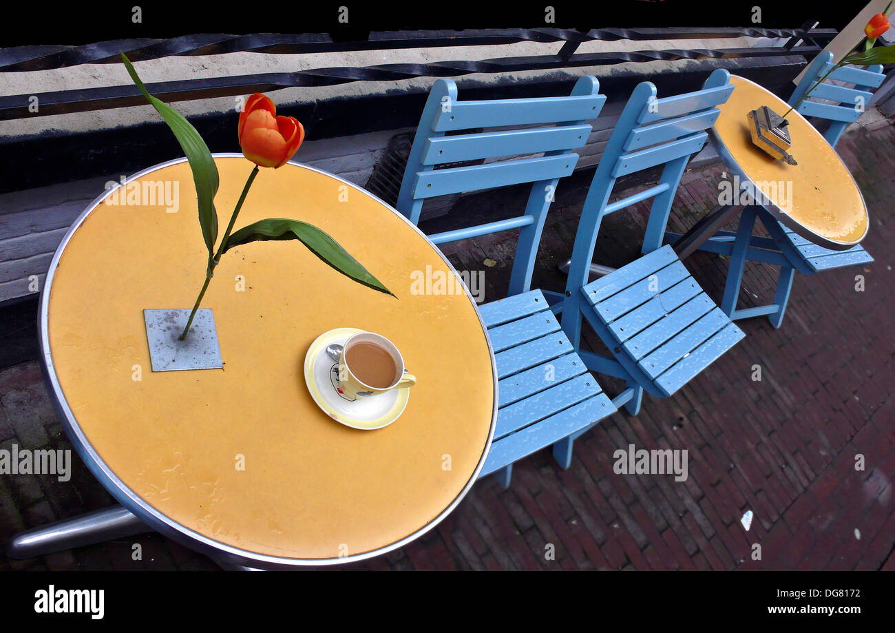 Orange tulip and cup of coffee on cafe table hi-res stock photography ...