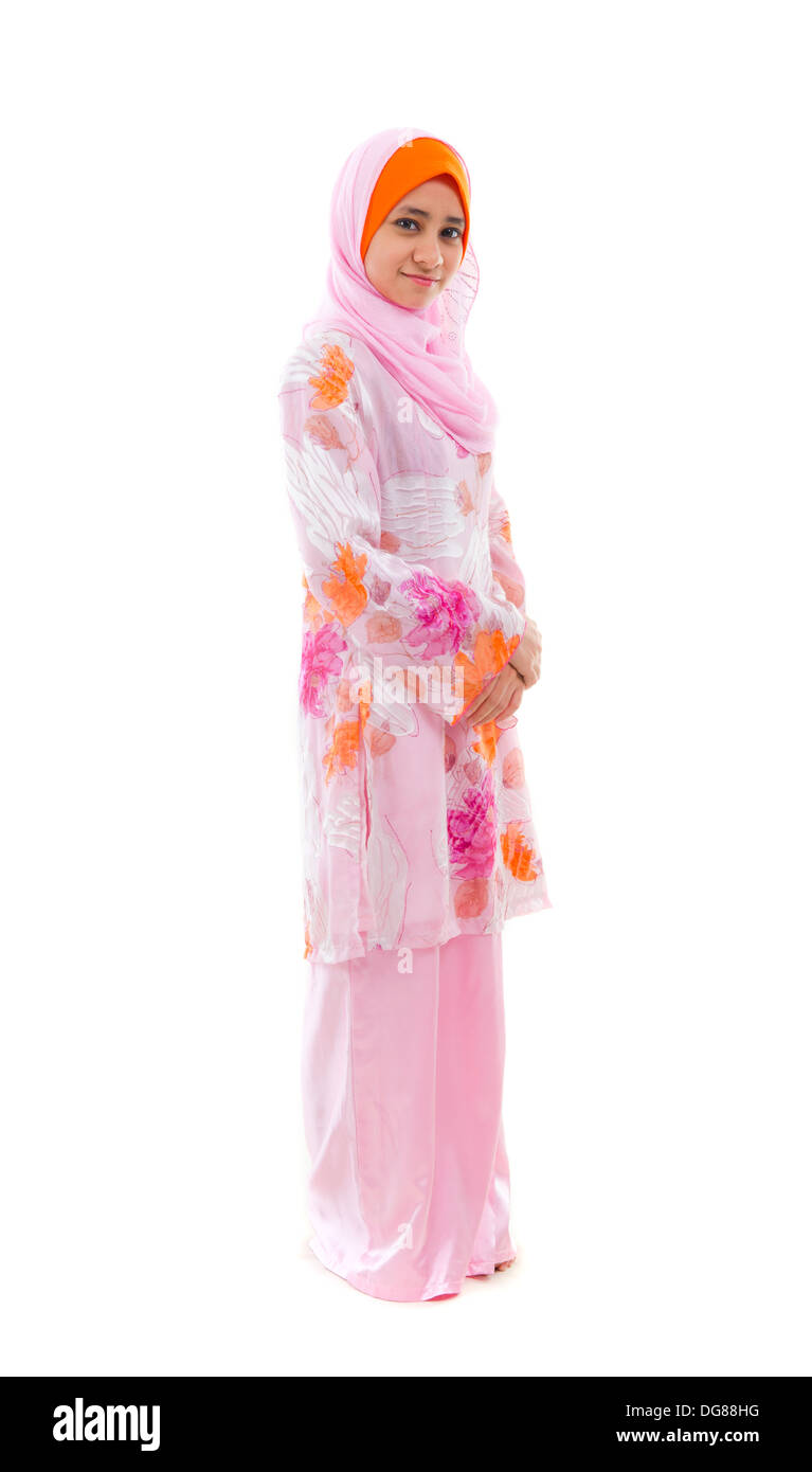 malay muslim girl in headscarf full body and white background Stock ...