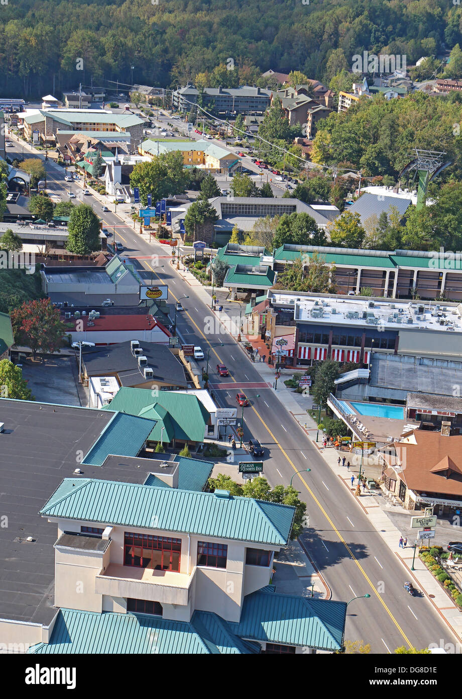 Aerial view of the main road, Parkway 441, along downtown Gatlinburg ...