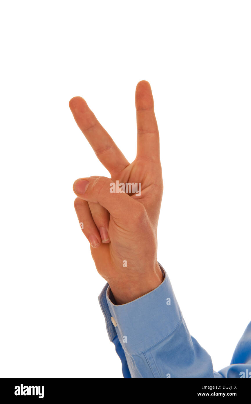 Male hand making the peace sign with fingers isolated in white Stock ...