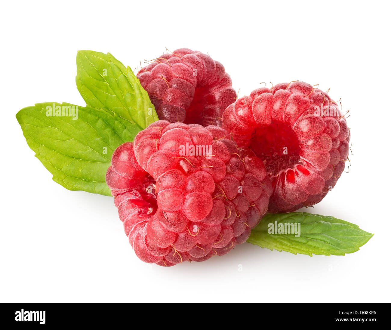 Raspberry with green leaf isolated on white Stock Photo - Alamy