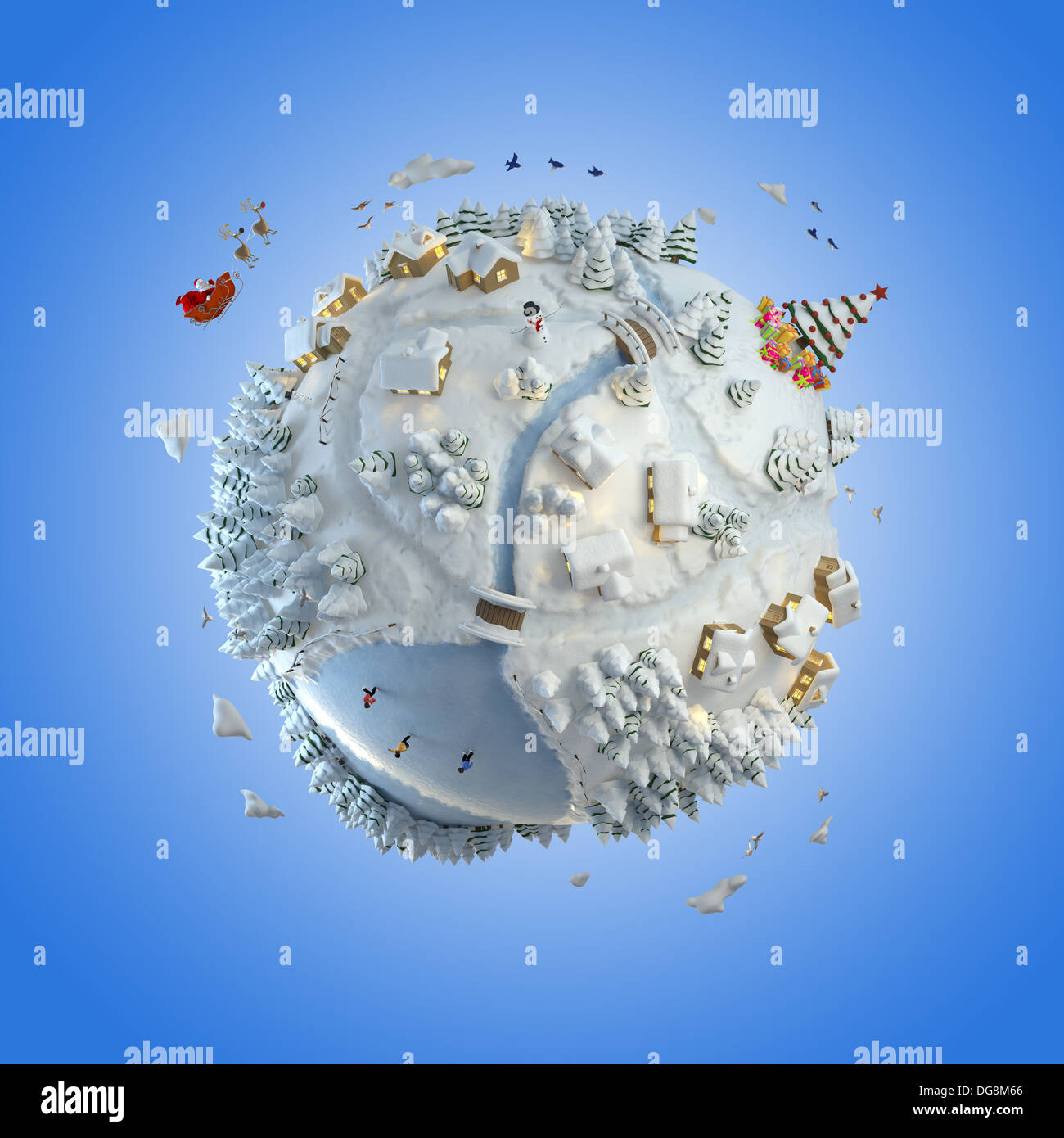Concept globe showing a winter christmas planet with santa claus and ...