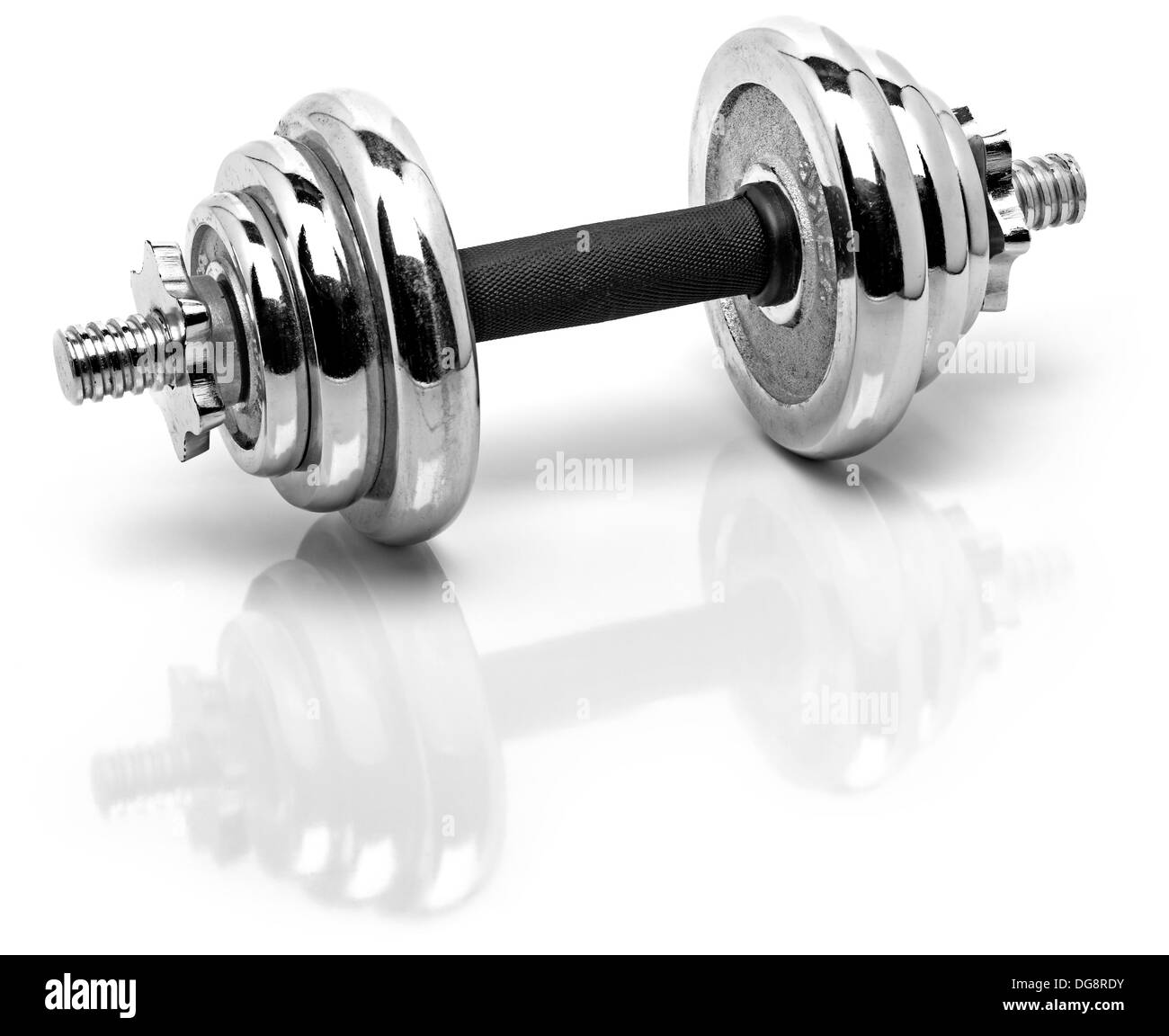 silver fitness weights with reflection on a white shiny surface Stock ...