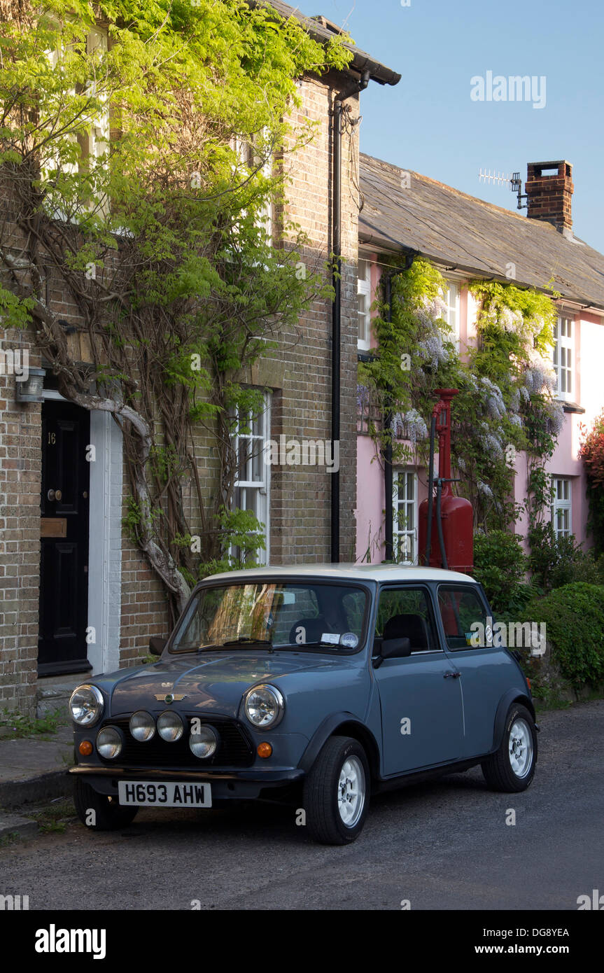 Classic car. An Austin Mini parked in the High Street of the quaint ...