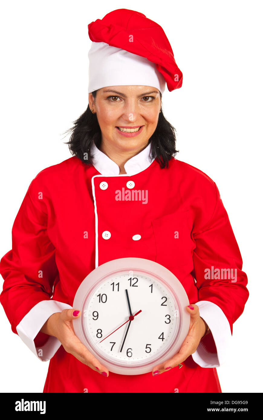 Happy chef woman holding big clock isolated on white background Stock ...