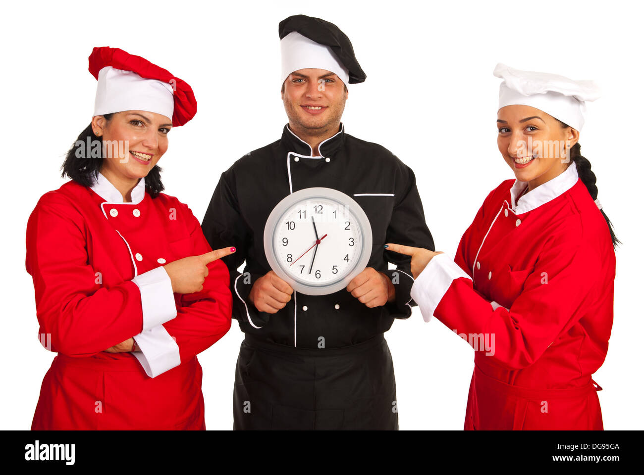 Chefs women pointing to clock in chef man hands isolated on white ...