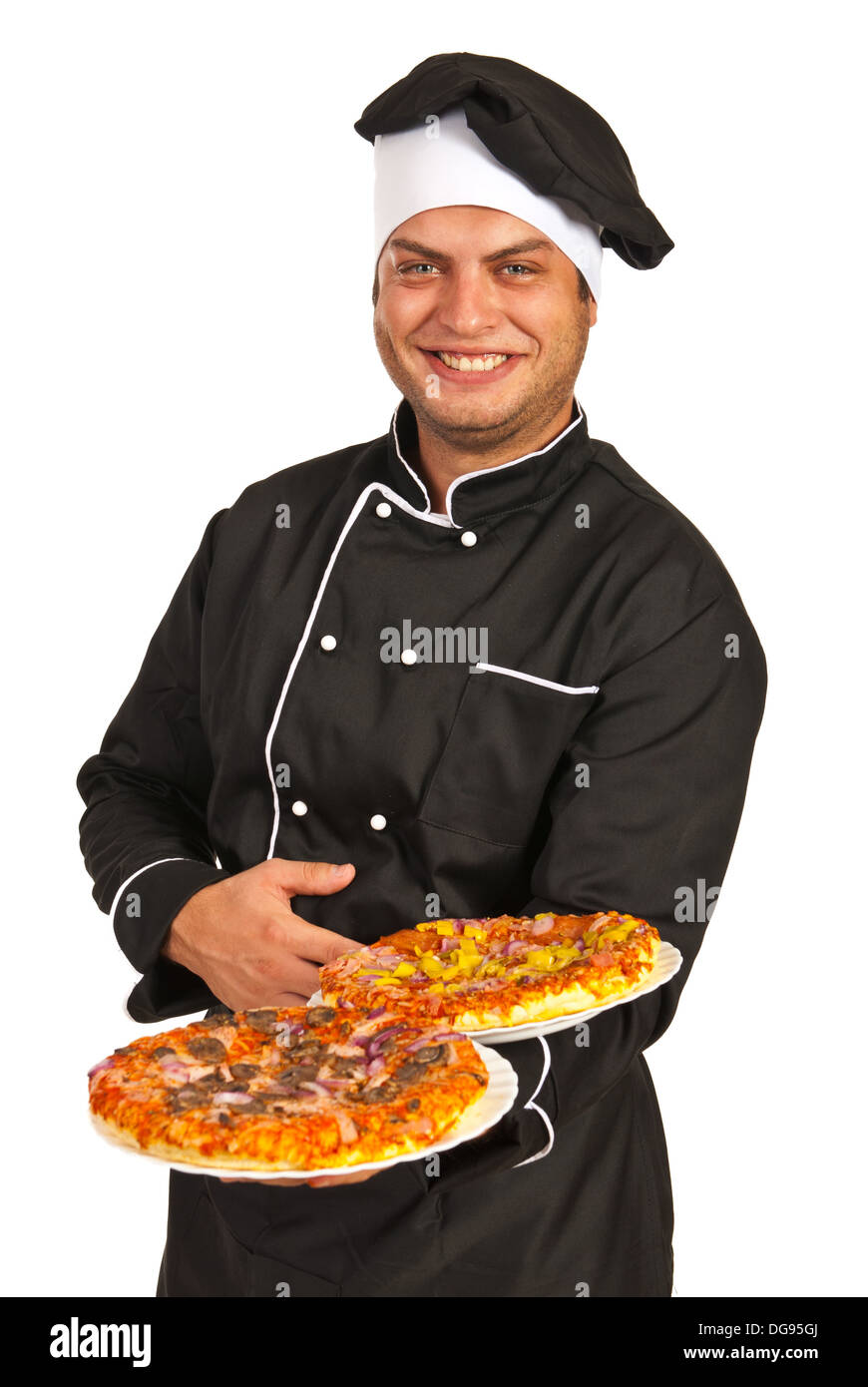 Smiling chef man serving pizza isolated on white background Stock Photo ...