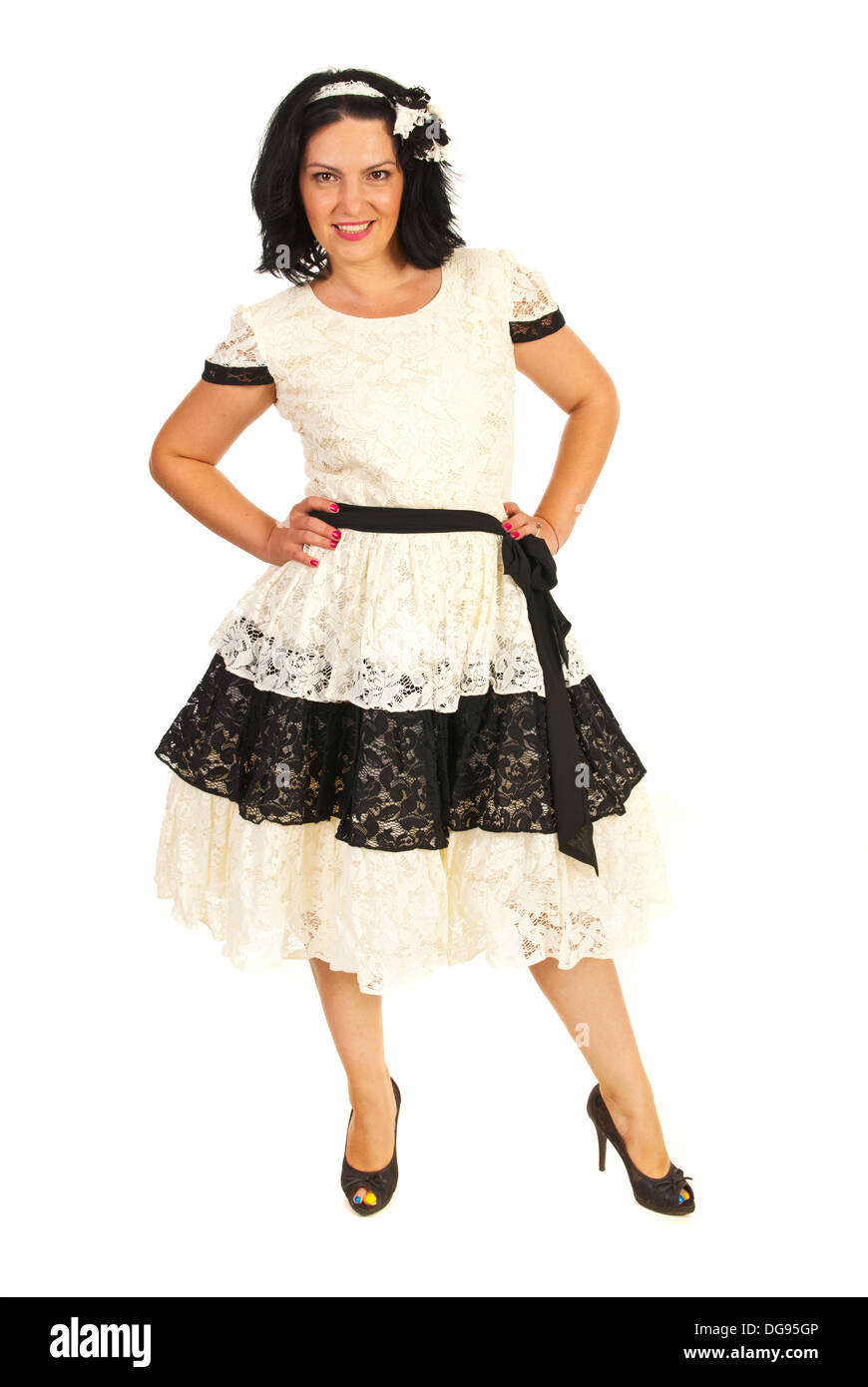 Beauty woman wearing elegant lace dress isolated on white background ...