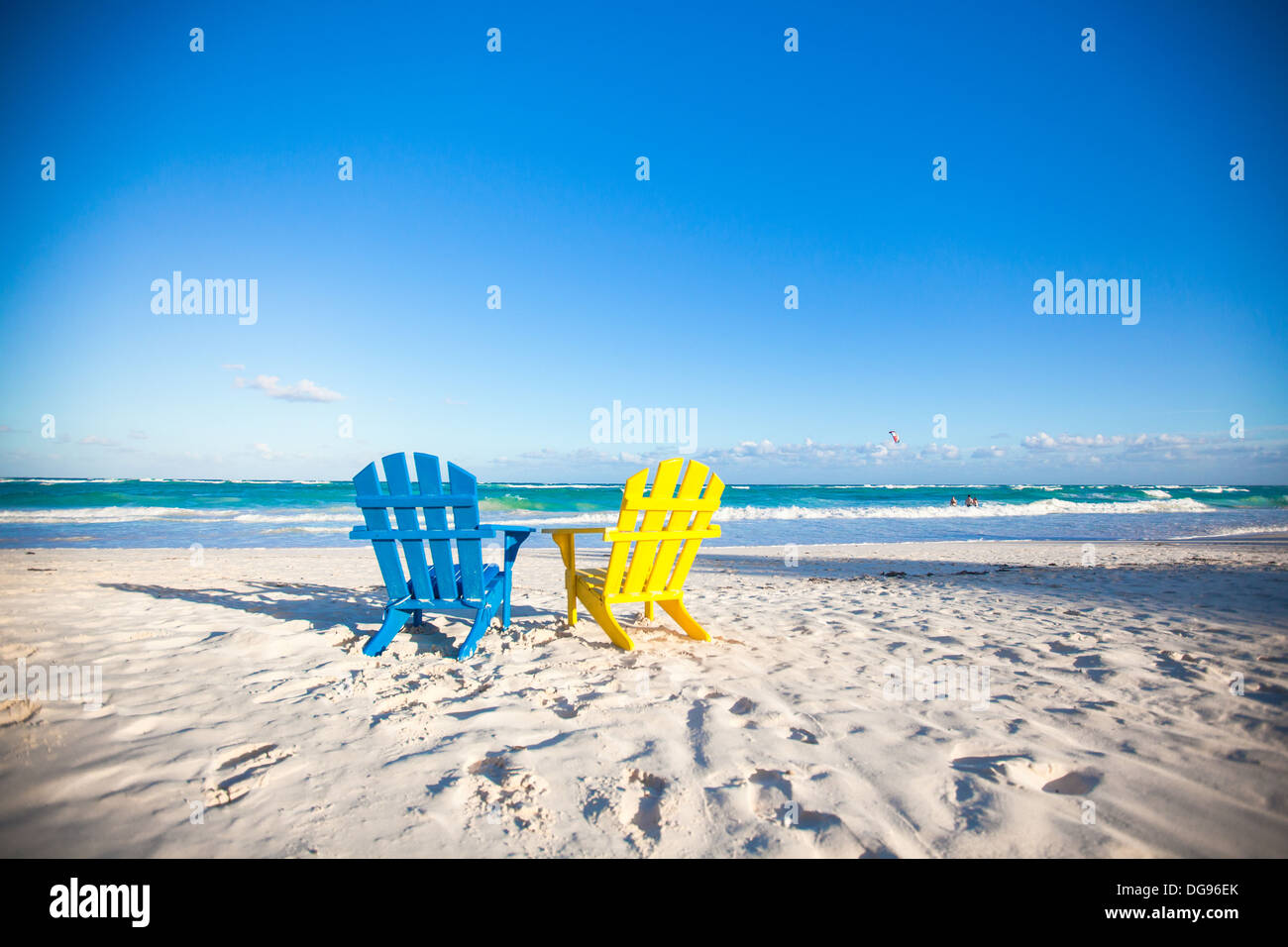 Beach wooden colorful chairs for vacations and summer getaways in Tulum ...