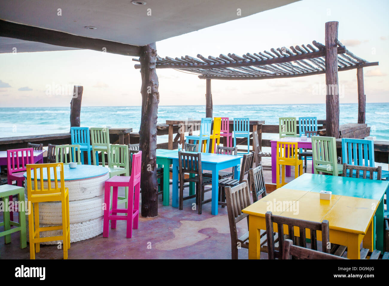 Bright colored bar-restaurant on the white sandy beach in Tulum Stock ...