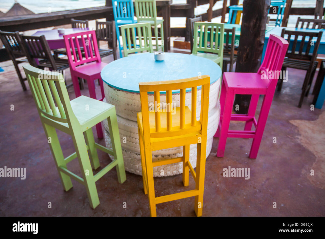 Bright colored bar-restaurant on the white sandy beach in Tulum Stock ...
