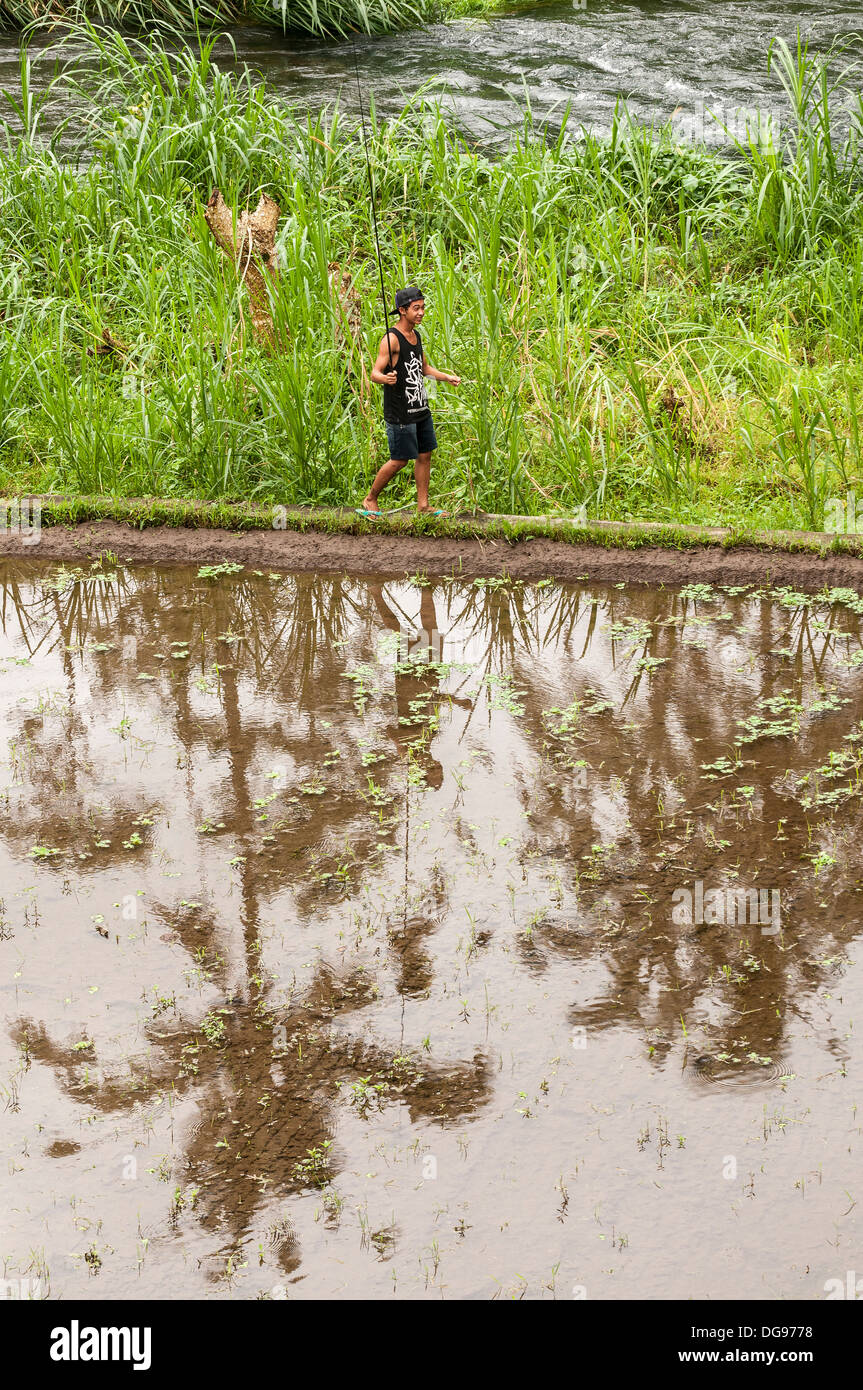 Boy fishing by the Telaga Waja river at Muncan, Eastern Bali, Indonesia ...
