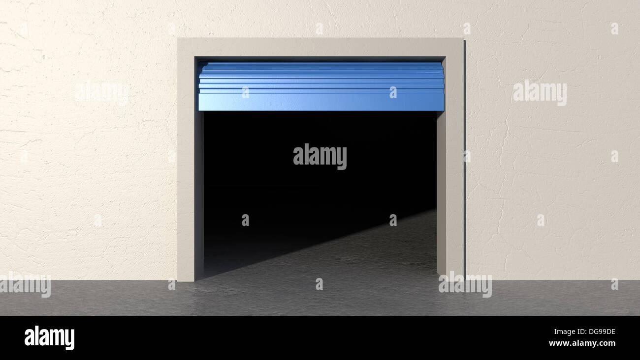 A front view of an empty storage room with an open blue roller door on ...