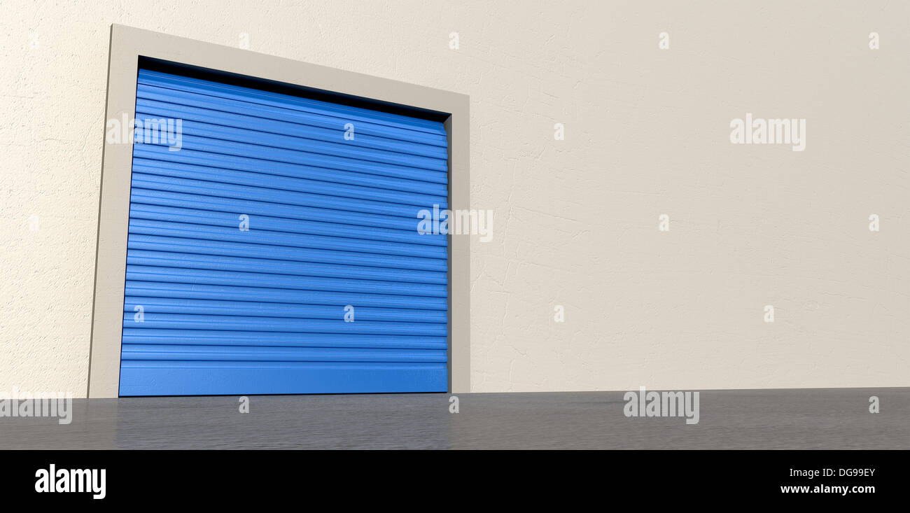 A perspective view of a storage room with a closed blue roller door on ...