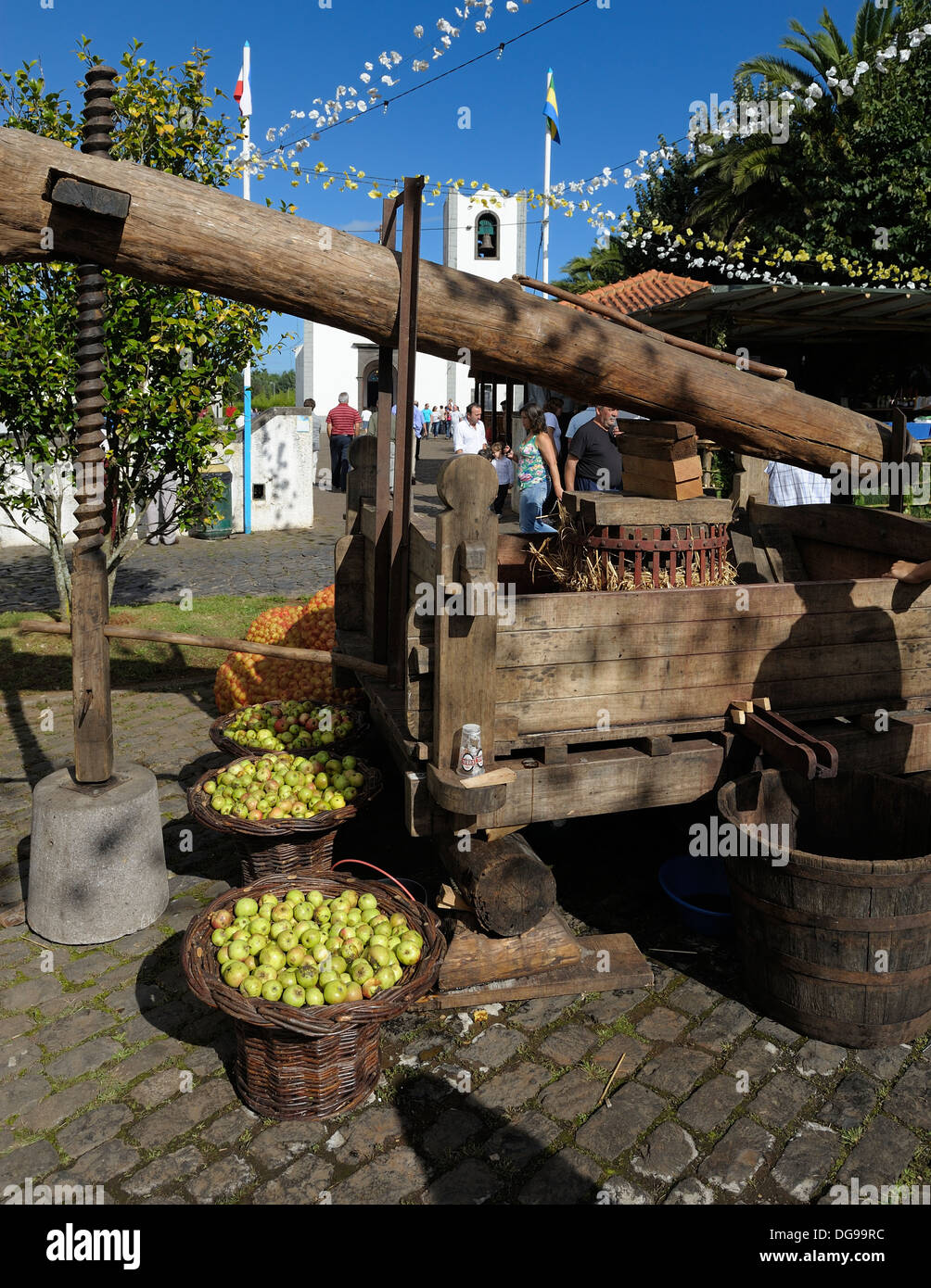 Madeira Portugal, baskets of cider apples next to an old wooden cider ...