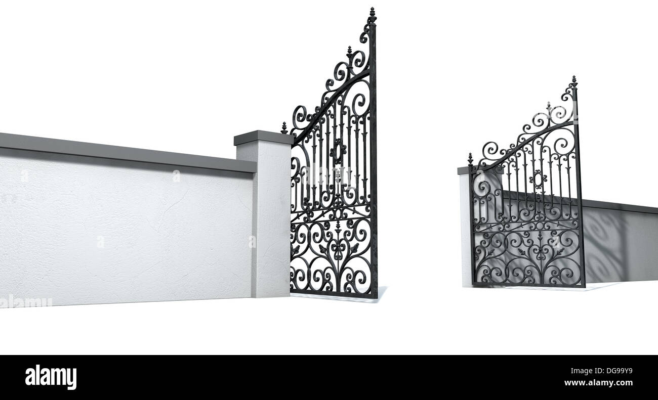 A solid plastered garden wall with an ornate open metal gate on an ...