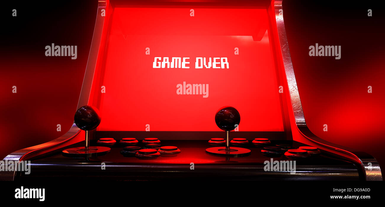 A vintage arcade game machine with a bright red illuminated screen that ...