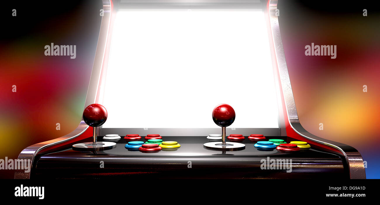 A vintage arcade game machine with colorful controllers and a bright ...