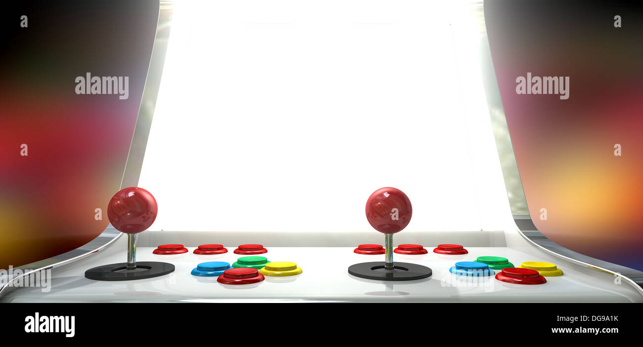 A vintage arcade game machine with colorful controllers and a bright ...