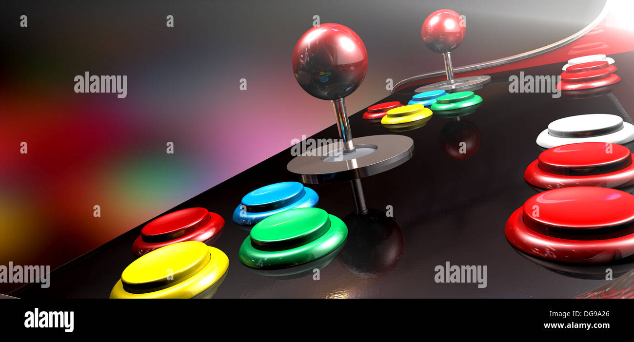 A vintage computer game control pad with a joystick and four various ...