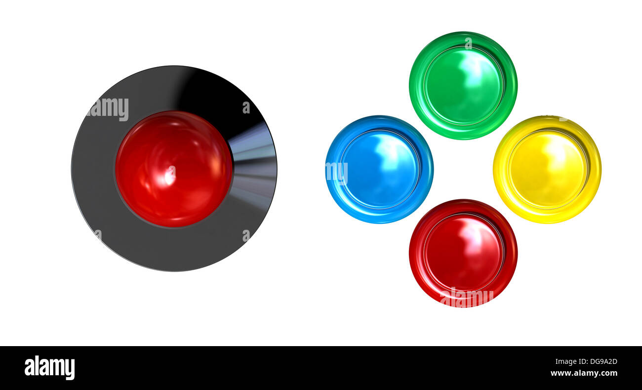 A direct top view of a vintage computer game controller with a joystick ...