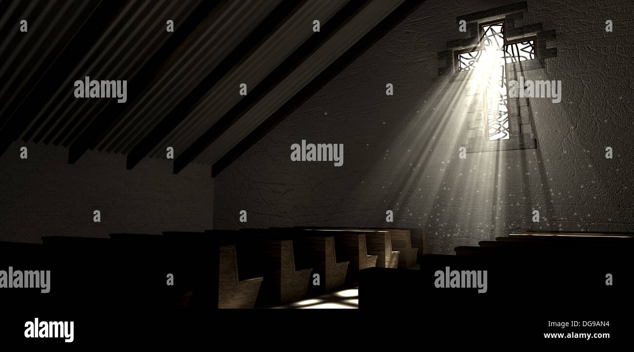 An old church interior with a stained glass window in the shape of a ...