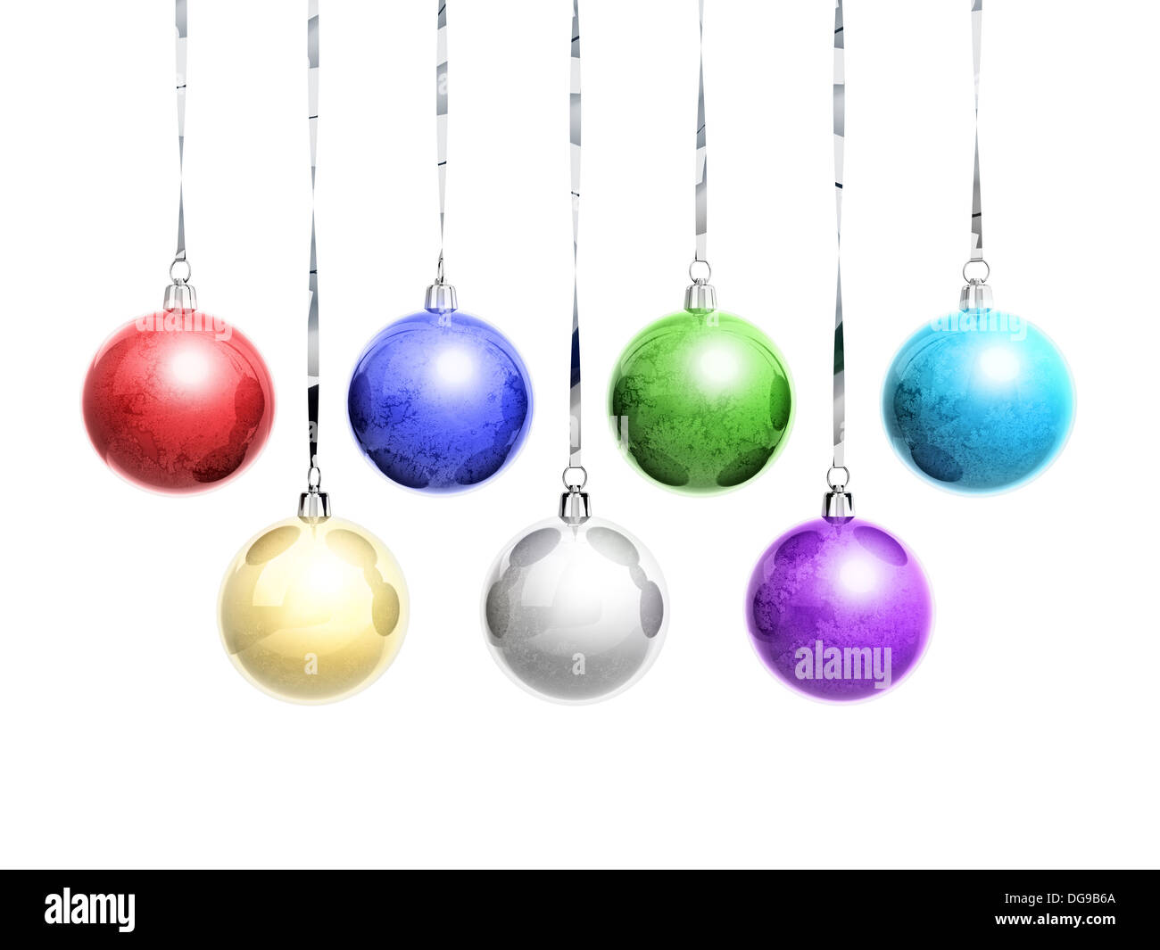 Set of frozen colorful Christmas balls with frost hanging on ribbons ...