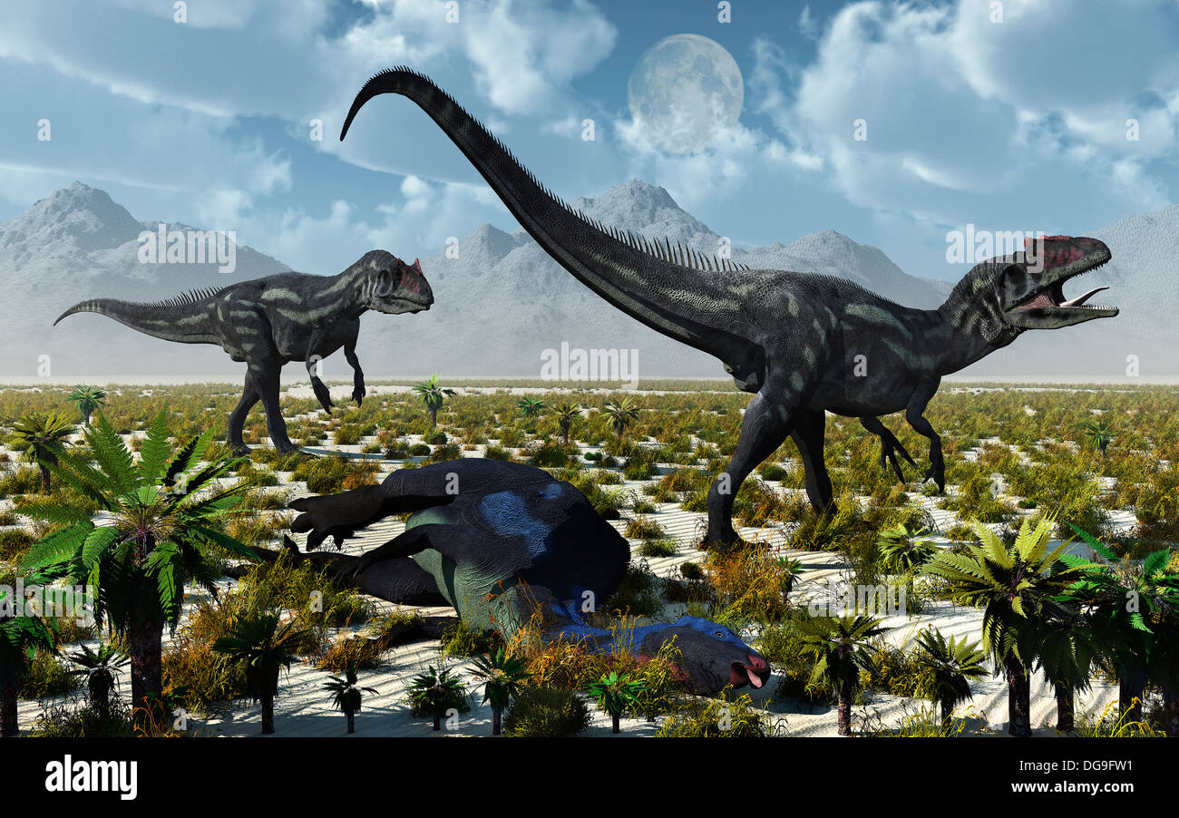 A Pair Of Allosaurus With Their Freshly Killed Camptosaurus Stock Photo ...