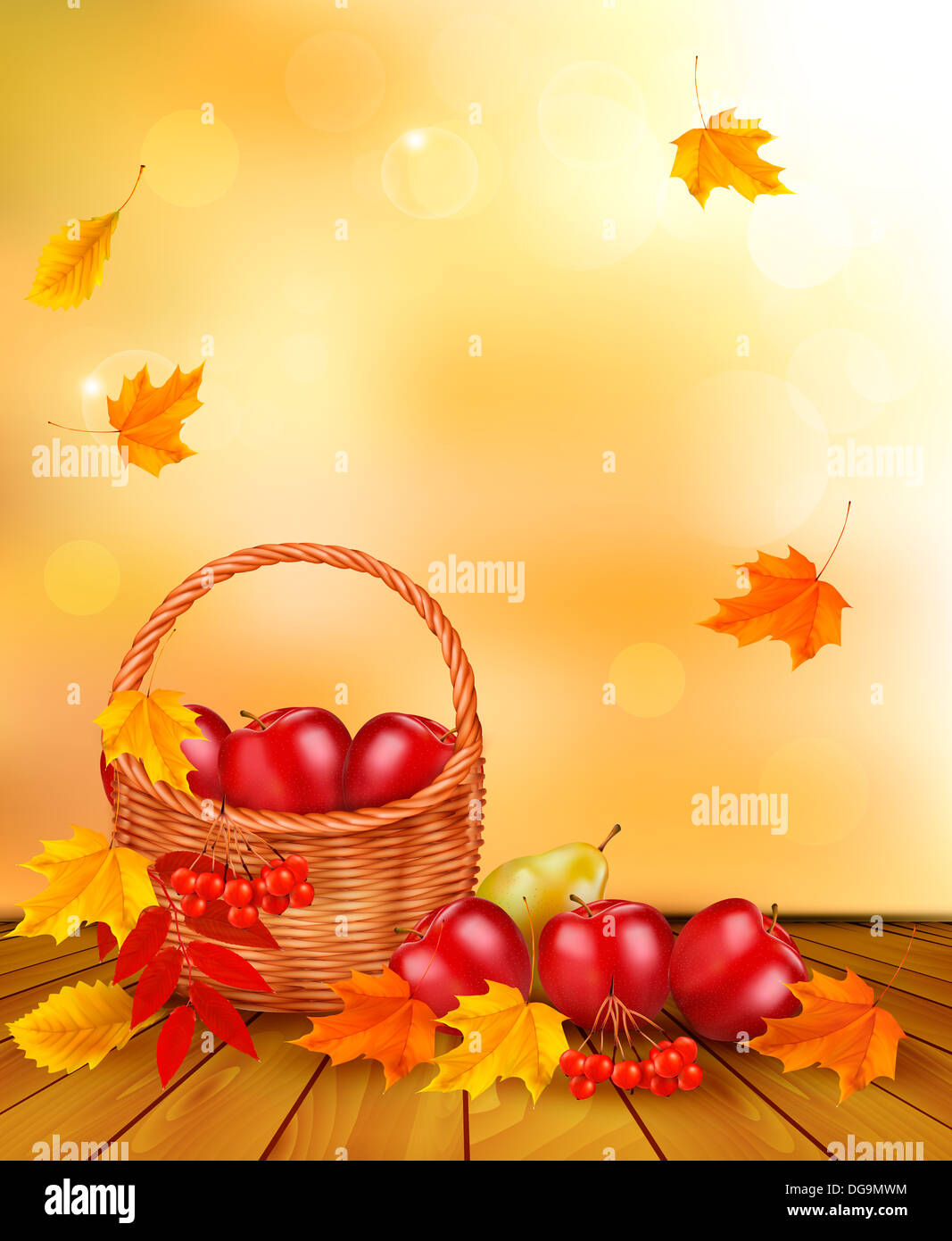 Autumn background with fresh fruit in basket. Healthy Food. Vector ...