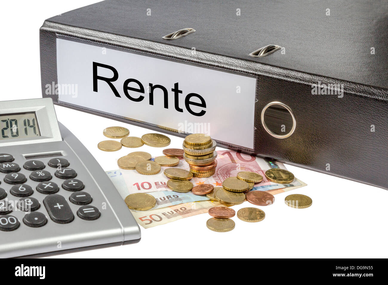 A Binder labeled wit the word Rente (German retirement), calculator and ...