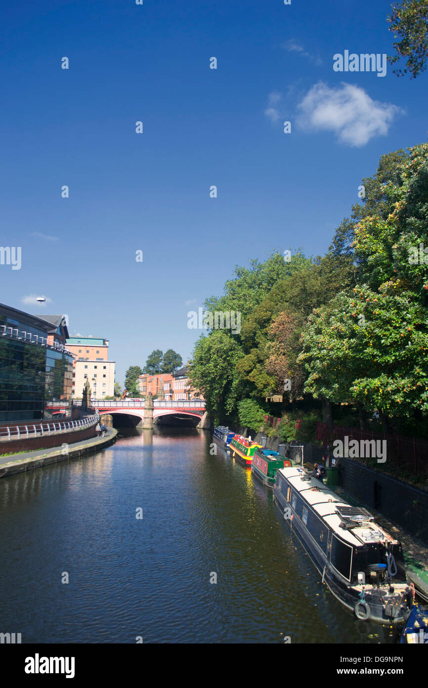 The Grand Union Canal with Narrow Boats moored on the bank, Leicester ...