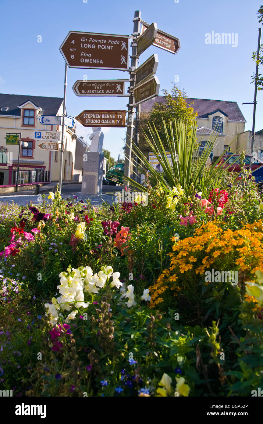 Flowers and signage on the Diamond in Ardara County Donegal Ireland ...
