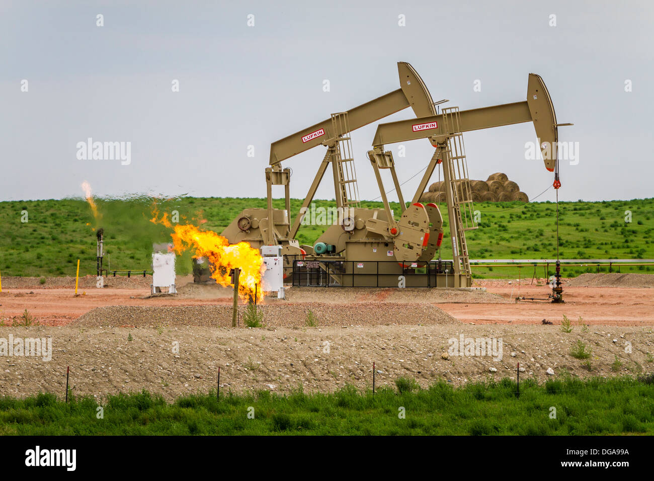 Oil pumpers and flaring natural wells in the Bakken play oil fields ...