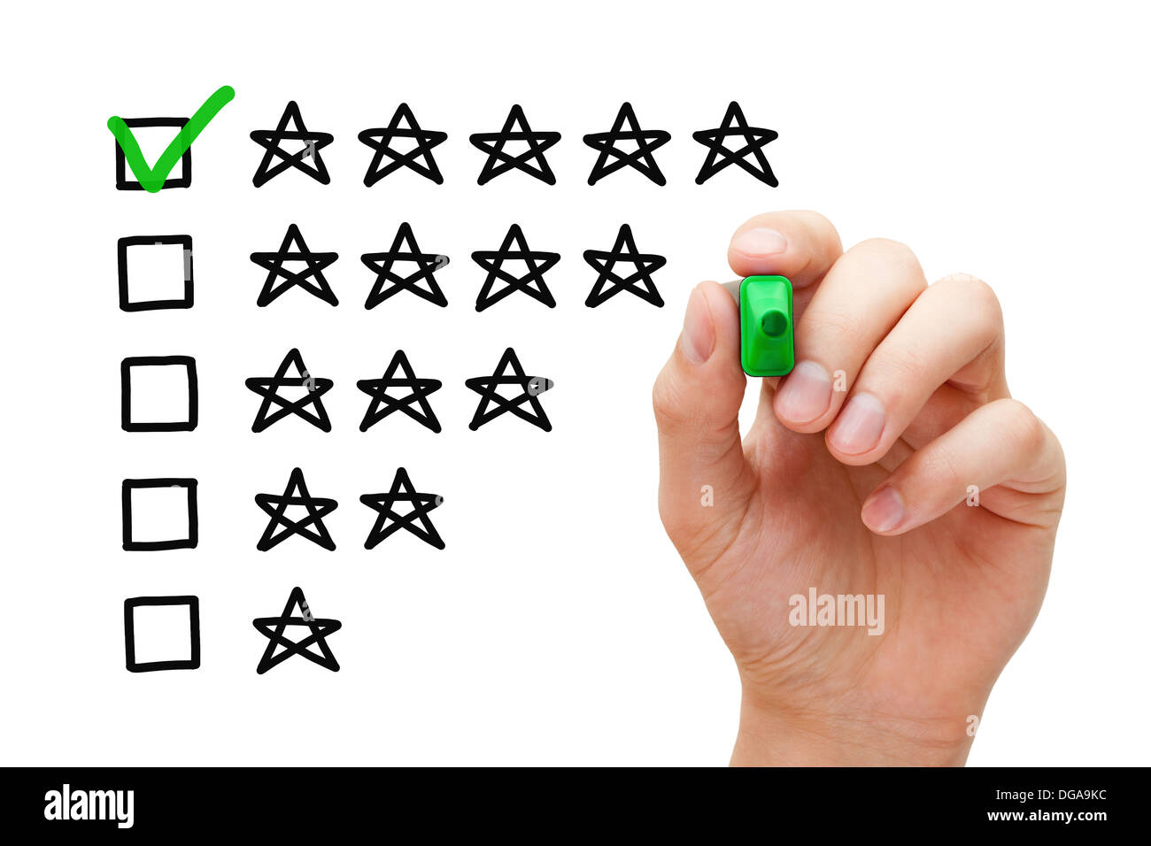 Hand putting check mark with green marker on five star rating Stock ...