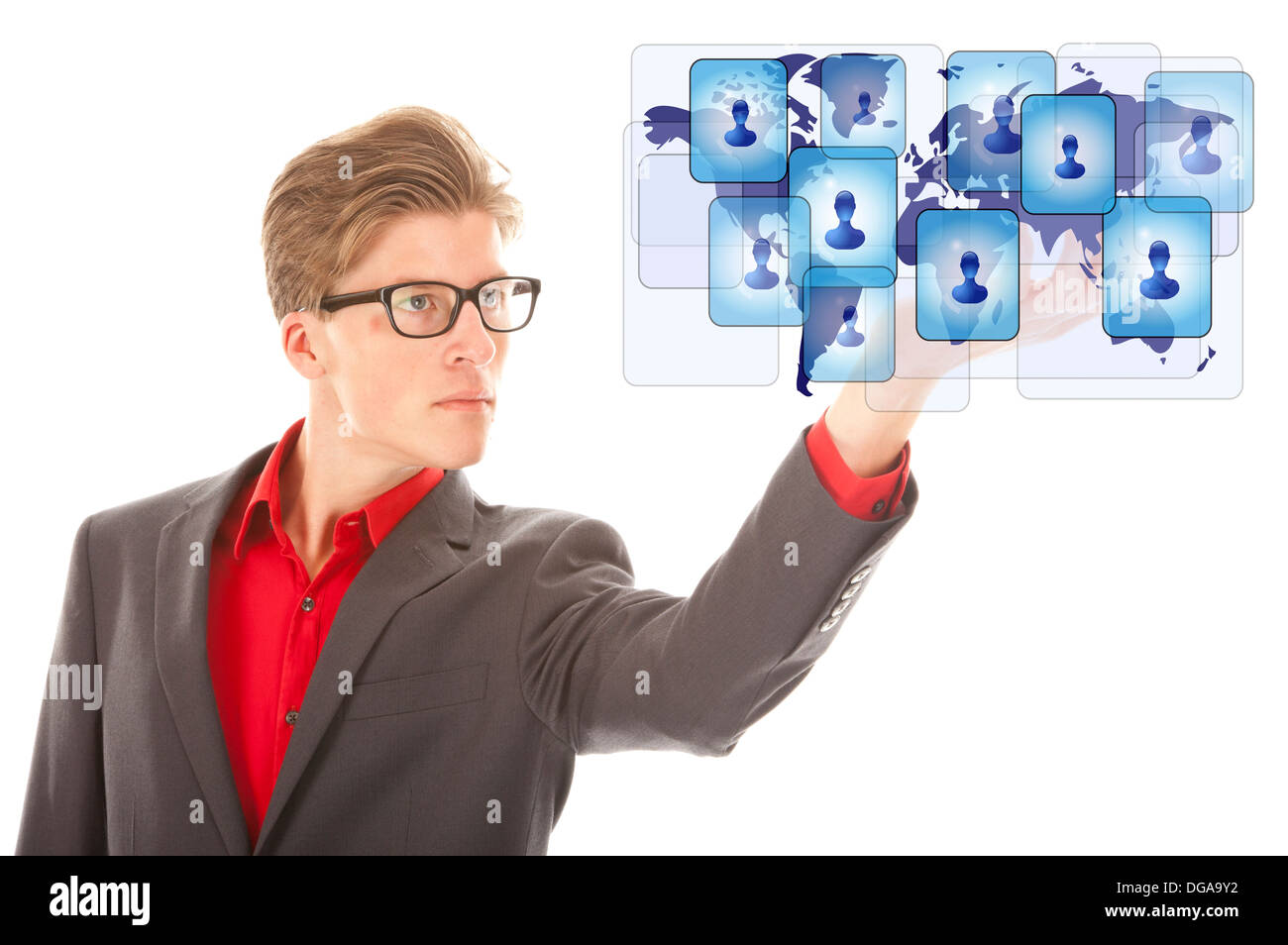 Young man holding virtual friends isolated on white background Stock ...