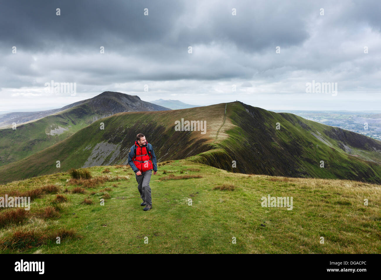 Hillwalker on Trum y Ddysgl, part of the Nantlle Ridge walk. Snowdonia ...